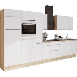 KOCHSTATION K&uuml;chenzeile &raquo;KS-Aken&laquo; Breite 360 cm, wahlweise mit E-Ger&auml;ten, mit Arbeitsplatte 38 mm stark wei&szlig; B/H/T: 360cm x 212cm x 60cm, ohne E-