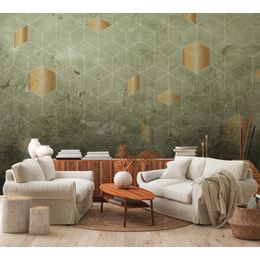 A.S. Cr&eacute;ation Vliestapete &raquo;Fototapete Geometrie Gold Gr&uuml;n Hexagon Betonoptik&laquo; matt strukturiert gr&uuml;n Vlies B/L: 2,55m x 3,5m, Rollen: 1