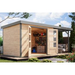 Karibu Gartenhaus &raquo;Jupiterino 4 SET, in verschiedenen Farben&laquo; inkl. Anbaudach braun Massivholz ohne Fu&szlig;boden, Blechdach