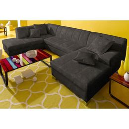 DOMO collection Wohnlandschaft &raquo;TURAH 297x195x75 cm, moderne Steppung&laquo; whlw. mit Bettfunktion, U-Form grau Microfaser PRIMABELLE (100% Polyester);
