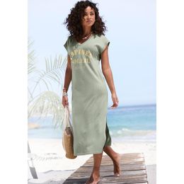 Beachtime By Lascana Damen Beachtime by Lascana Strandkleid &raquo;mit gl&auml;nzendem Foliendruck vorne, langes T-Shirt-Kleid&laquo; lockeres Jerseykleid, Midikleid 