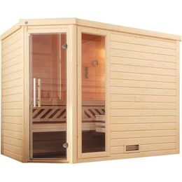 Weka Sauna &raquo;Massivholzsauna TURKU 3&laquo; Blockbohlen, Fensterelement, moderne Ganzglast&uuml;r beige Saunaofen, externe Steuerung, 9 kW