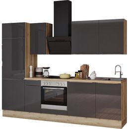 KOCHSTATION K&uuml;chenzeile &raquo;KS-Aken&laquo; Breite 270 cm, wahlweise mit E-Ger&auml;ten, mit Arbeitsplatte 38 mm stark grau B/H/T: 270cm x 212cm x 60cm, ohne E-