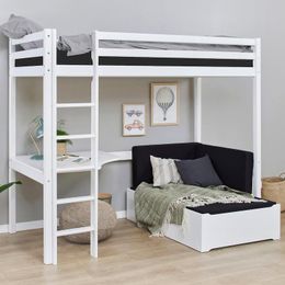 Hoppekids Hochbett &raquo;ECO Dream 90x200 mit Schreibtisch & Loungesofa / G&auml;stebett&laquo; Kinderbett aus Massivholz, Sofa ausziehbar zum G&auml;stebett schwarz Liegefl&auml;che B/L