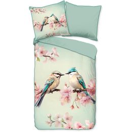 Descanso Wendebettw&auml;sche &raquo;Minne&laquo; 3 Stk. Satin, Rei&szlig;verschluss, Paspel, Biese, Wendeoptik, Luxe, Vogel, Mint gr&uuml;n Renforc&eacute;, Obermaterial: 100% Baumwolle B/L: 