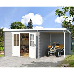 Lasita Maja Gartenhaus &raquo;Tampa&laquo; Blockbohlenhaus 28mm, mit Anbau grau Massivholz ohne Fu&szlig;boden, R&uuml;ckwand, ohne Dacheindeckung