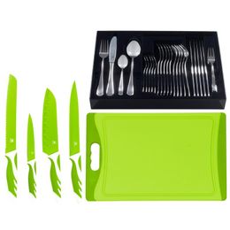 King Besteck-Set &raquo;&raquo;BAS&laquo; inkl. Etui, 4 K&uuml;chenmesser und 1 Schneidebrett&laquo; gr&uuml;n Edelstahl 18/0 36 Stk.