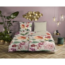 Descanso Wendebettw&auml;sche &raquo;Fiori&laquo; 2 Stk. Baumwolle, Satin, 135x200, Biese, Rei&szlig;verschluss, Wende, Blumen Sand beige Satin (Bio-Baumwolle), Obermaterial: 100% 