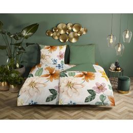 Descanso Wendebettw&auml;sche &raquo;Annabelle&laquo; 2 Stk. Baumwolle, Satin, 135x200, Biese, Rei&szlig;verschluss, Wendeoptik, Blumen wei&szlig; Satin (Bio-Baumwolle), Obermaterial: 100%