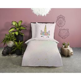 PURE luxury collection Kinderbettw&auml;sche &raquo;Mandy&laquo; 2 Stk. Mikrofaser, 135x200, pflegeleicht, Wende, M&auml;dchen, Einhorn, Regenbogen rosa Microfaser, 