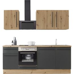 KOCHSTATION K&uuml;chenzeile &raquo;Florida mit 38mm starker Arbeitsplatte&laquo; Breite 220 cm, wahlweise mit E-Ger&auml;ten, Soft-Close-Funktion schwarz B/H/T: 220cm x 