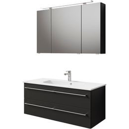 Badm&ouml;bel-Set &raquo;Serie 6025 2-teilig Mineralmarmor-Waschtisch mit LED-Spiegelschrank&laquo; 2 Stk. tlg. schwarz Holzwerkstoff B/H/T: 117cmcm x 200cmcm x 48cmcm