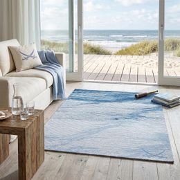 Sansibar Teppich &raquo;Keitum 007&laquo; rechteckig 3 mm H&ouml;he Flachgewebe, modernes Wellen Design & gekreuzte S&auml;bel blau Polyester B : 130cm 1 Stk., 3mm, L: 190cm