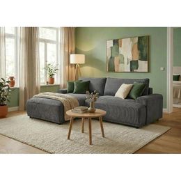 Trendmanufaktur Ecksofa &raquo;Fordon, Schlafsofa mit Bettkasten, Couch in L-Form, Breite 250 cm&laquo; in Cordstoff HYPER, dunkelgrau, Recamiere links grau 92% 