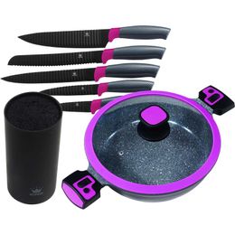 King Servierpfanne &raquo;Click-Grip&laquo; Aluminiumguss Set, 7 Stk. tlg. ink. 6-teiligem Messerblock, Induktion lila &Oslash; 28cm + H&ouml;he 8cm