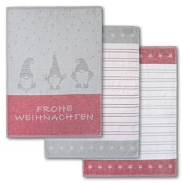 Dyckhoff Geschirrtuch &raquo;Wichtel, mit Schriftzug Frohe Weihnachten, Streifen und Sternen&laquo; mit 3 verschiedenen Motiven, Ma&szlig;e je Tuch ca. 50x70 cm, 100% Baumwolle 