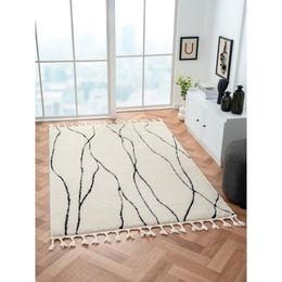 MyFlair Hochflor-Teppich &raquo;Moroccan Handwrite&laquo; rechteckig 24 mm H&ouml;he modern, marokkanisches Design, flauschig weich, mit Fransen schwarz-wei&szlig; Polyester, 