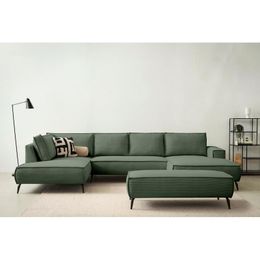 OTTO home Wohnlandschaft &raquo;TVINNU Cord, 354 cm, mit Hocker&laquo; Recamiere rechts/links, stellbar zum Schlafsofa (Krokodilverbinder) gr&uuml;n B/H/T: 354cm x 