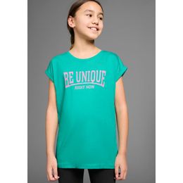 Kidsworld M&auml;dchen Kidsworld T-Shirt &raquo;Be unique - right now&laquo; kurz&auml;rmelig, bedruckt, Rundhalsausschnitt blau 128/134
