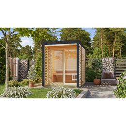 Karibu Saunahaus &raquo;&raquo;Adrian 1&laquo; naturbelassen/anthrazit&laquo; in verschiedenen Ausf&uuml;hrungen erh&auml;ltlich, Ofen 9 kW externe Strg easy braun Bio-Kombiofen, externe 