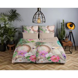 HIP Wendebettw&auml;sche &raquo;Indah&laquo; 2 Stk. Mako-Satin, 135x200, Rei&szlig;verschluss, Wende, Blumen, Tropisch, Sand beige Satin, Obermaterial: 100% Baumwolle B/L: 
