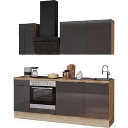 KOCHSTATION K&uuml;chenzeile &raquo;KS-Aken&laquo; Breite 210 cm, wahlweise mit E-Ger&auml;ten, mit Arbeitsplatte 38 mm stark grau B/H/T: 210cm x 211,8cm x 60cm, ohne E-
