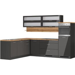KOCHSTATION Winkelk&uuml;che &raquo;KS-Milan, optional mit Muldenl&uuml;fter&laquo; Stellbr.270/220 cm, wahlweise mit E-Ger&auml;ten, Kochfeld mit Dunstabzug grau B/H/T: 270cm x