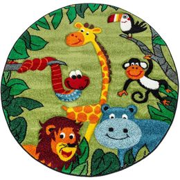 Paco Home Kinderteppich &raquo;Diamond 638&laquo; rund 18 mm H&ouml;he Kurzflor, 3D-Design, Motiv Dschungel Tiere, Kinderzimmer gr&uuml;n Kunstfaser &Oslash; 120cm 1 Stk., 18mm, &Oslash; 120cm
