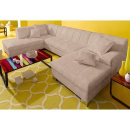 DOMO collection Wohnlandschaft &raquo;TURAH 297x195x75 cm, moderne Steppung&laquo; whlw. mit Bettfunktion, U-Form beige Microfaser PRIMABELLE (100% Polyester);