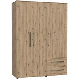 FORTE Kleiderschrank &raquo;Mokkaris, Garderobe, zeitloses Design, 3 T&uuml;ren, Made in Europe&laquo; B/H/T ca. 144x200x59cm, Zwei Schubladen, schwarze Stangengriffe,