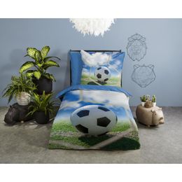 Good Morning Kinderbettw&auml;sche &raquo;Maurits&laquo; 2 Stk. Baumwolle, Renforc&eacute;, Wendeoptik, Kind, Junge, Fu&szlig;ball, blau blau Renforc&eacute;, Obermaterial: 100% Baumwolle