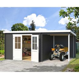 Lasita Maja Gartenhaus &raquo;Tampa&laquo; Blockbohlenhaus 28mm, mit Anbau grau Massivholz ohne Fu&szlig;boden, R&uuml;ckwand, ohne Dacheindeckung