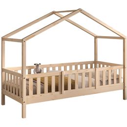Vipack Hausbett &raquo;Dallas, Massivholzbett mit Dachaufbau umbaubar vom Boden- zum Daybett&laquo; inkl. Lattenrost, Rausfallschutz, Sprossen, 90 oder 140x200 cm breit,