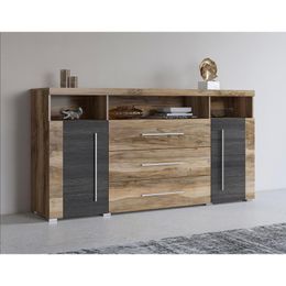 OTTO home Sideboard &raquo;Roger,Breite 182cm, stilvolle Schrank, 2 Holzt&uuml;ren 3 Schubladen&laquo; Kommode mit viel Stauraum, Einlegeb&ouml;den verstellbar braun B/H/T: