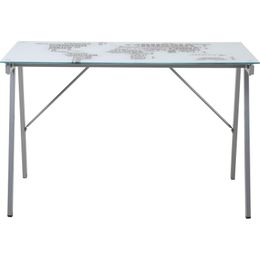 M&ouml;bilia Schreibtisch &raquo;Tullia&laquo; mit Weltkartenaufdruck auf der Tischplatte grau Pulverbeschichtetes Metall, Platte Sicherheitsglas B/H/T: 113cm x 73cm x 58cm,