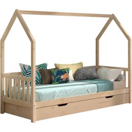 Vipack Hausbett &raquo;Cabane, mit Dachaufbau, Bettschublade auf Rollen u. Sprossenumrandung&laquo; (B/H/T ca. 208x169x98 cm) aus massiver Eiche, Oberfl&auml;che Natur, sehr 