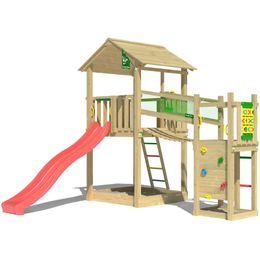 Jungle Gym Spielturm &raquo;Fortress&laquo; Spielanlage mit 2 T&uuml;rmen, Br&uuml;cke und Rutsche mit Wasseranschluss rot Holzwerkstoff Einheitsgr&ouml;&szlig;e