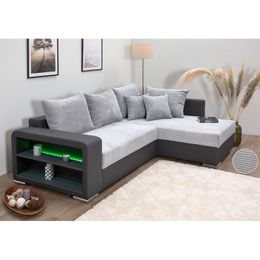 Collection AB Ecksofa &raquo;John L-Form, B: 226 cm, Schlaffunktion & Bettkasten&laquo; Regalelement mit Licht, Couch mit Federkern, 2 Zierkissen grau 100%