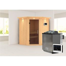 Karibu Sauna &raquo;&raquo;Liyah&laquo; mit graphitfarbene T&uuml;r und Dachkranz&laquo; in verschiedenen Ausf&uuml;hrungen erh&auml;ltlich beige Bio-Kombiofen, externe Steuerung, (ohne Ofen)