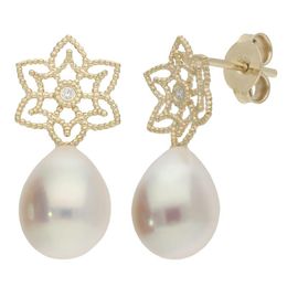 Firetti Damen Paar Ohrstecker &raquo;Schmuck Geschenk Gold 375 Ohrschmuck Ohrringe Blume&laquo; mit Zirkonia (synth.) - mit S&uuml;&szlig;wasserzuchtperle 8,5mm, Gelbgold 
