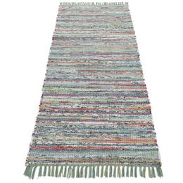 CarpetFine Teppich &raquo;Kelim Chindi, Wendeteppich&laquo; rechteckig 6 mm H&ouml;he handgewebt, Fleckerlteppich mit Fransen, auch vielen in L&auml;ufergr&ouml;&szlig;en gr&uuml;n 