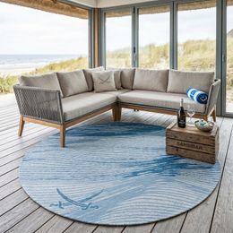 Sansibar Teppich &raquo;Keitum 007&laquo; rund 3 mm H&ouml;he Flachgewebe, modernes Wellen Design & gekreuzte S&auml;bel blau Polyester &Oslash; 100cm 1 Stk., 3mm, &Oslash; 100cm