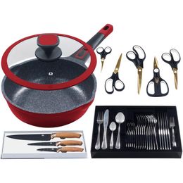 King Bratpfanne &raquo;K&uuml;chenstart&laquo; Aluminiumguss Set, K&uuml;chenmesser, Scheren, Besteck, Bratpfanne + Deckel &Oslash; 24 cm,Induktion bunt &Oslash; 24cm + H&ouml;he 7,5cm