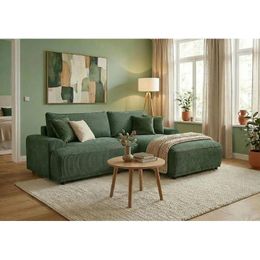 Trendmanufaktur Ecksofa &raquo;Fordon, Schlafsofa mit Bettkasten, Couch in L-Form, Breite 250 cm&laquo; in Cordstoff HYPER, dunkelgr&uuml;n, Recamiere rechts gr&uuml;n 92% 