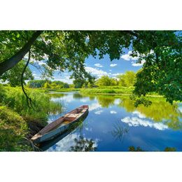 papermoon Fototapete &raquo;FR&Uuml;HLINGS-LANDSCHAFT-FLUSS BOOT B&Auml;UME STRAND UFER WALD&laquo; bunt Vlies B/L: 4,5m x 2,8m, Bahnen: 9 Stk.