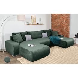 Collection AB Wohnlandschaft &raquo;Paola U-Form, B: 314 cm&laquo; Schlaffunktion, Bettkasten & 4 Zierkissen, Federkern gr&uuml;n 100%Polyester B/H/T: 314cm x 41cm x 