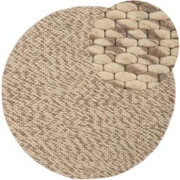 CarpetFine Wollteppich &raquo;Sina&laquo; rund 14 mm H&ouml;he grobe Struktur, Zeitloses Design, reine Wolle, Wohnzimmer braun Wolle &Oslash; 120cm 1 Stk., 14mm, &Oslash; 120cm