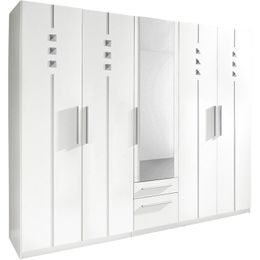 Priess Kleiderschrank 1-bis 5-t&uuml;rig, mit silberfarbigen Applikationen wei&szlig; Holzwerkstoff B/H/T: 231cm x 193cm x 54cm, Schubladen: 2 Stk. T&uuml;ren: 5 Stk.