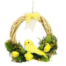 I.GE.A. Kunstkranz &raquo;Mit Bl&uuml;ten, Vogel und Schleife&laquo; aus Rattan, T&uuml;rkranz gelb B/H/L: 20cm x 20cm x 5cm, 1 Stk.