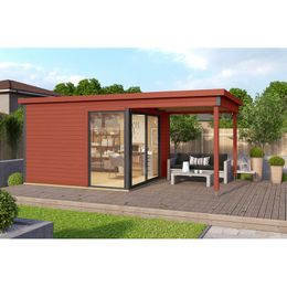 Lasita Maja Gartenhaus &raquo;DOMEO 2&laquo; mit Dachverl&auml;ngerung rot Massivholz Fu&szlig;boden im Gartenhaus, ohne R&uuml;ck- und Seitenwand, ohne Dacheindeckung